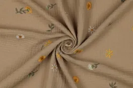 Katoen stof - hydrofiel - geborduurde bloemen - beige - 3301-028 - De ...