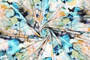 Viscose stof - stretch - crepe - waterlelies - blauw - 20642-690 - De ...
