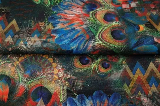 Tricot stof - viscose digitaal fantasieprint veren - blauw - 21013-33VI ...