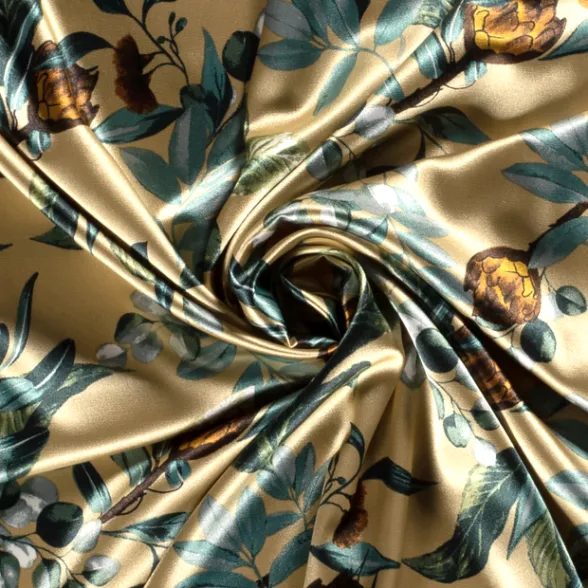 Satijn stof - bloemen - camel - 20177-053 - De Stoffenkraam > Bestel uw stoffen online.