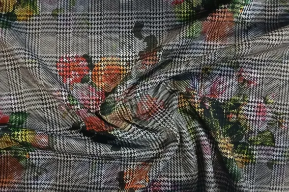 Polyester stof - punta di roma - pied de poule geruit - zwart grijs multi - 16311-960 - De ...